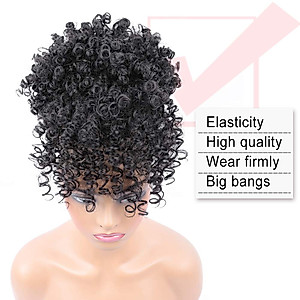 ENTRANCED STYLES Drawstring Ponytail with Bangs Afro Puff Ponytail Extensions for Women Short Curly Puff Ponytail with Bangs Clip in Wrap Updo Hairpiece for Women(1B)