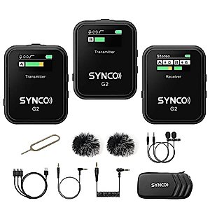SYNCO Wireless Lavalier Microphone G2(A2), 2.4G Lavalier Dual Transmitter Lapel Mic for Vlog Streaming YouTube for DSLR Camera Smartphone Tablet, Wireless-Lavalier-Microphone-Dual-Channel
