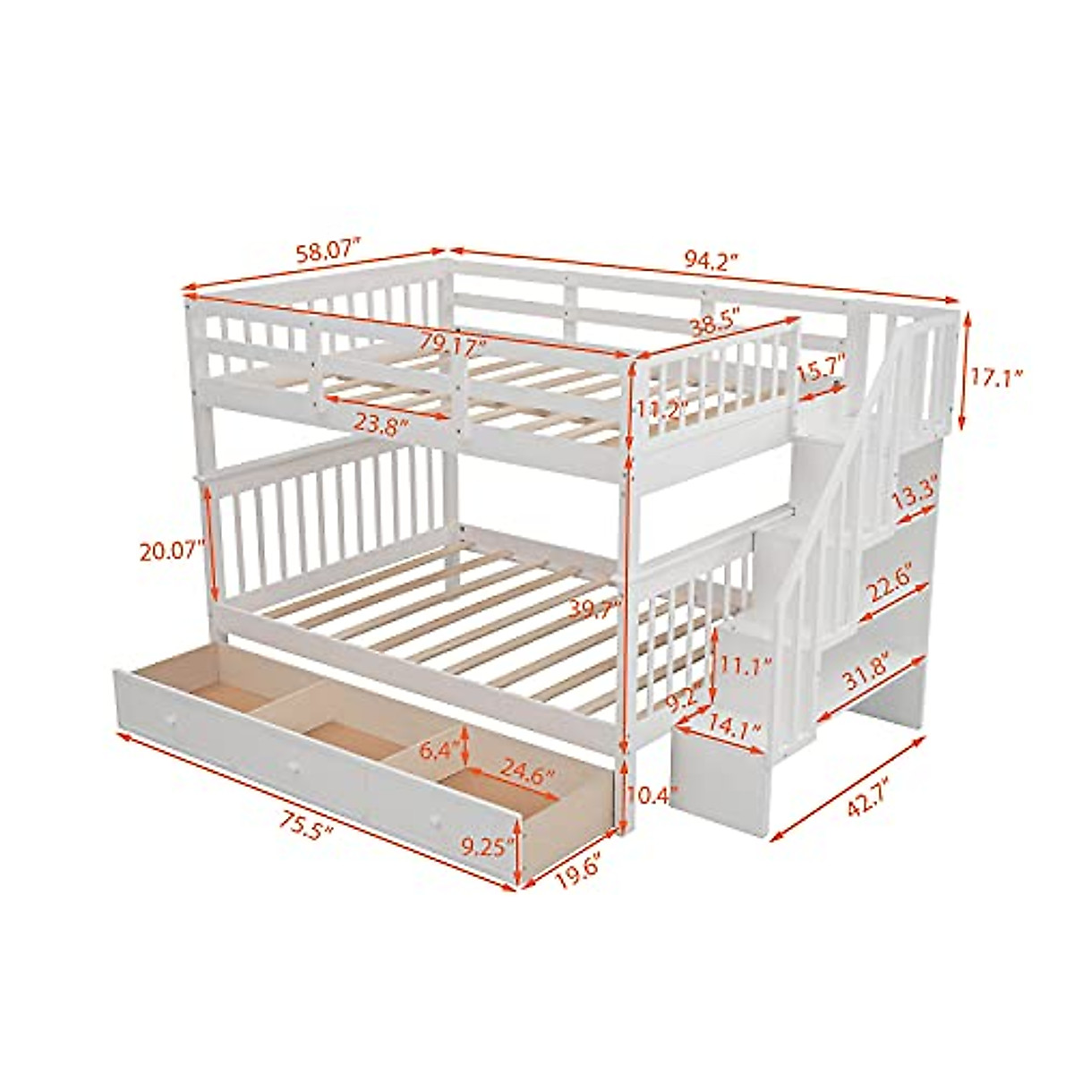 Full Over Full Bunk Beds with Drawers and Stairs Wood Bunk Bed Frame with Storage for Kids Teens Adult, Detachable Bunked for Boys Girls Women Men, White