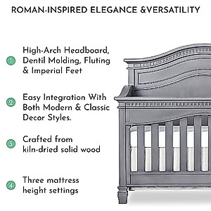 Evolur Cheyenne 5 in 1 Full Panel Convertible Crib in Storm Grey, JPMA & Greenguard Gold Certified, Crafted Out of kiln-Dried Hardwood, Features a high-Arch headboard & 3 Mattress Height Settings