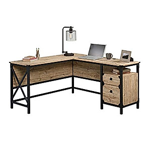 Sauder Steel River L-Shaped Desk, L: 59.84" x W: 57.32" x H: 29.53", Milled Mesquite Finish