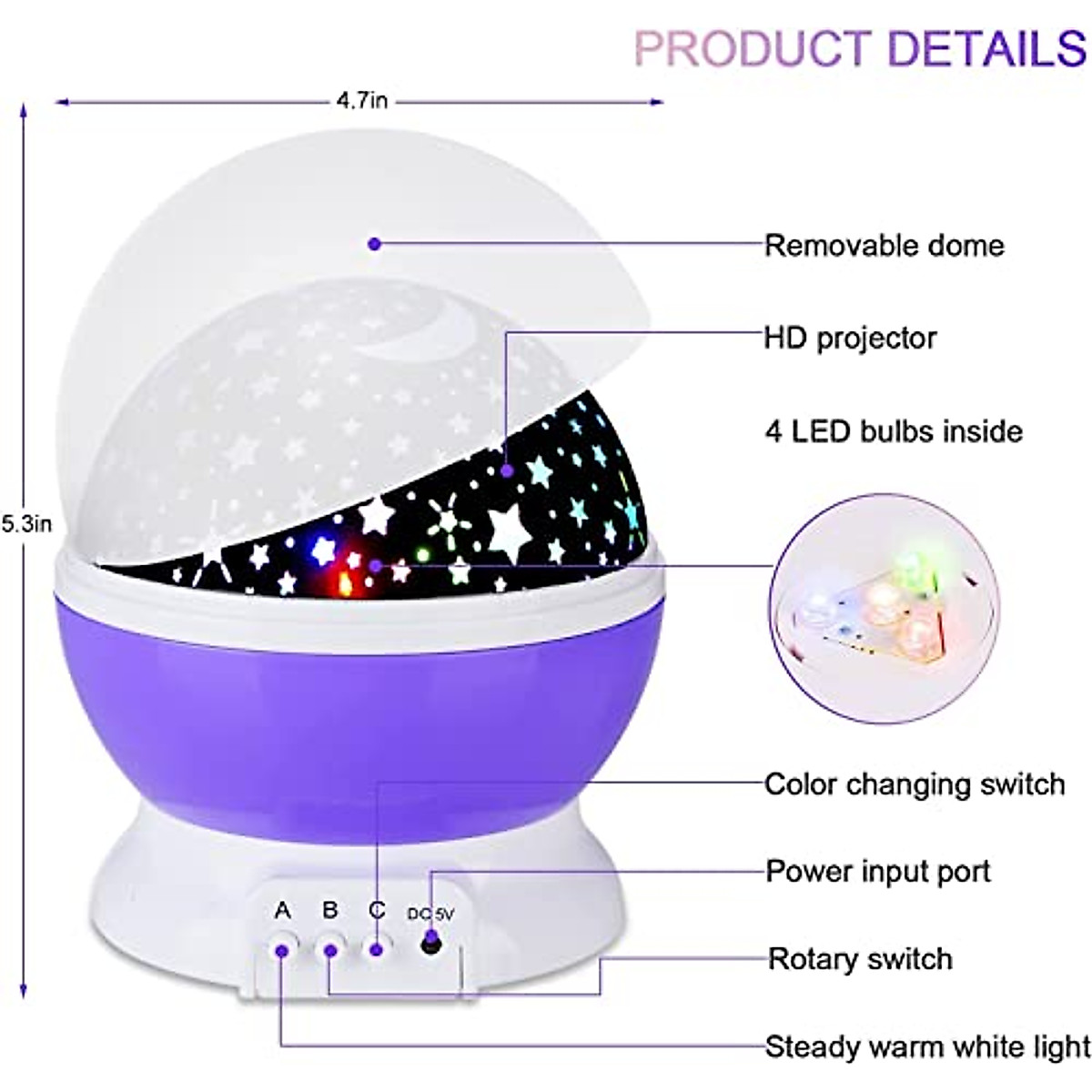 Baby Night Lights Christmas, Moon Star Projector - 4 LED Bulbs 8 Light Color Changing with USB Cable 360 Degree Rotation, Romantic Night Lighting Lamp for Birthday Nursery Women Children Kids Baby