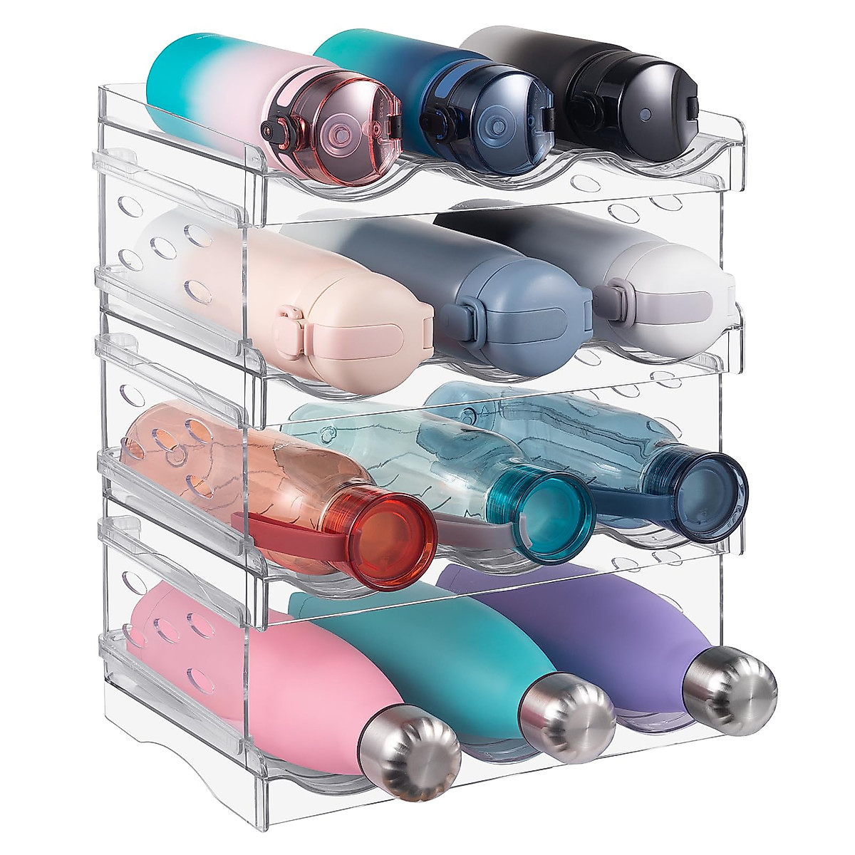 tyrixma Water Bottle Organizer, 4-Tier Stackable Water Bottle Holder Rack for Wine, Drinks and Tumblers, Clear Bottle Holder Storage for Cabinet, Pantry, Refrigerator