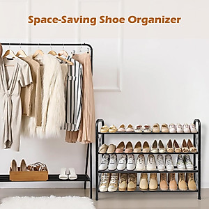 4-Tier Expandable Shoe Rack, Adjustable Metal Shoe Rack for Front Door Metal Black Free Standing Shoe Storage Organizer for Small Space Entryway Garage Hallway Bedroom Easy to Assemble, Black