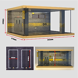 Giorkecl 1/32 Model Car Display Case，Model Car Parking Lot Garage，Display Case for Diecast Cars，2 Parking Space Acrylic Toy Garage with LED Light