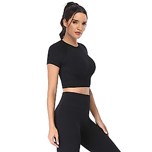 JOLLMONO 2 Piece Short Sleeve Outfits for Women Seamless Crop Tops Set for Women Workout Set(8005S-Black)