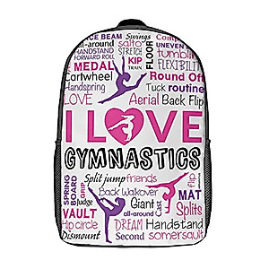 WZOMT I Love Gymnastics School Backpack Gymnast with Inspirational Quotes Hot Purple Pink Rucksack Travel Daypack Elementary Middle College Book Bags for Girls Women Kids Students, Large 17"
