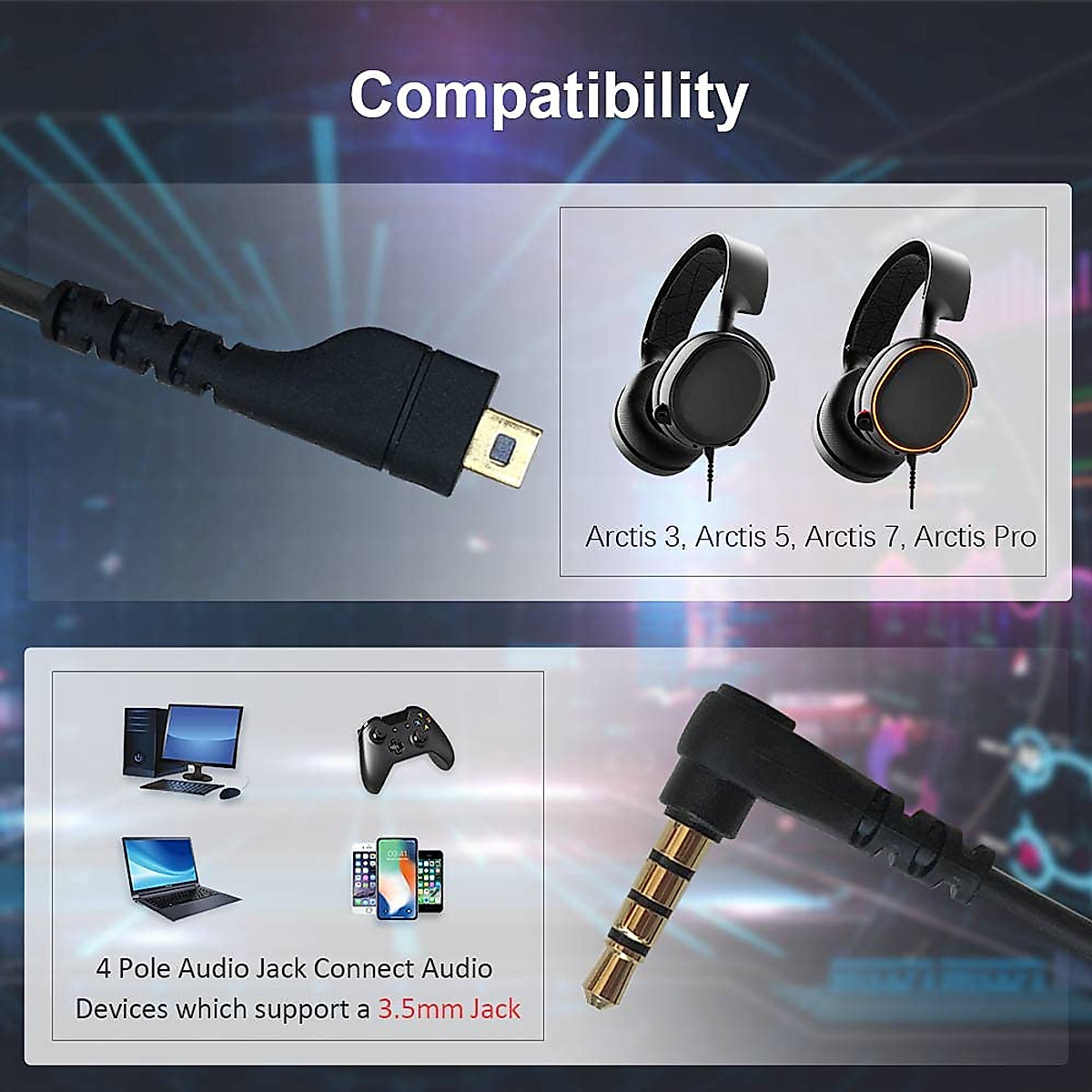 QJYTH Replacement Audio Cable Compatible with Steelseries Arctis 3 Headset, Aux Cable for Steel Series Arctis3, Arctis 5, Arctis Pro Headset, 1.5 m Black Cord