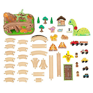 KidKraft Dinosaur Bucket Top Portable Wooden Train Set with 56 Pieces and 9 Feet of Track, Gift for Ages 3+
