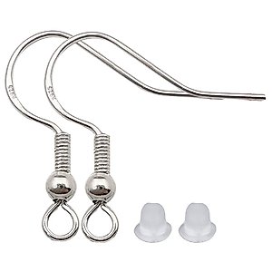 200 PCS/100 Pairs 925 Silver Hypo-allergenic Earring Hooks Fish Hook Ear Wires French Wire Hooks Jewelry Findings Earring Parts DIY Making with 200 PCS Clear Rubber Backs (11783)