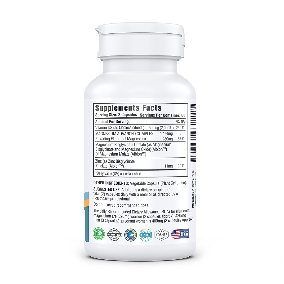 (120 Capsules), Glycinate, Bisglycinate, Malate, Zinc, Vitamin D3 for Brain, Sleep, Cramps, Headaches, Energy, Bones, Immune, Providing 280mg Elemental Magnesium, from KAPPA NUTRITION