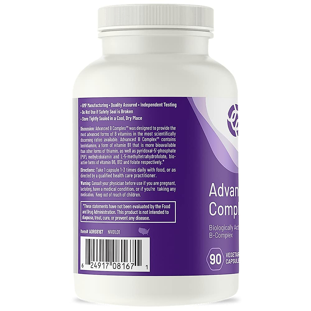 AOR, Advanced B Complex, Multivitamin Support for Energy, Stress and Metabolism, Dietary Supplement, 90 Capsules (90 Servings)