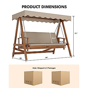 Kybolt Wooden Patio Swing with Adjustable Canopy,3-Seater Wood Patio Swing Bench Bed with Removable Cushion,Patio Swing Glider with Flatbed for Backyard Garden Balcony Poolside