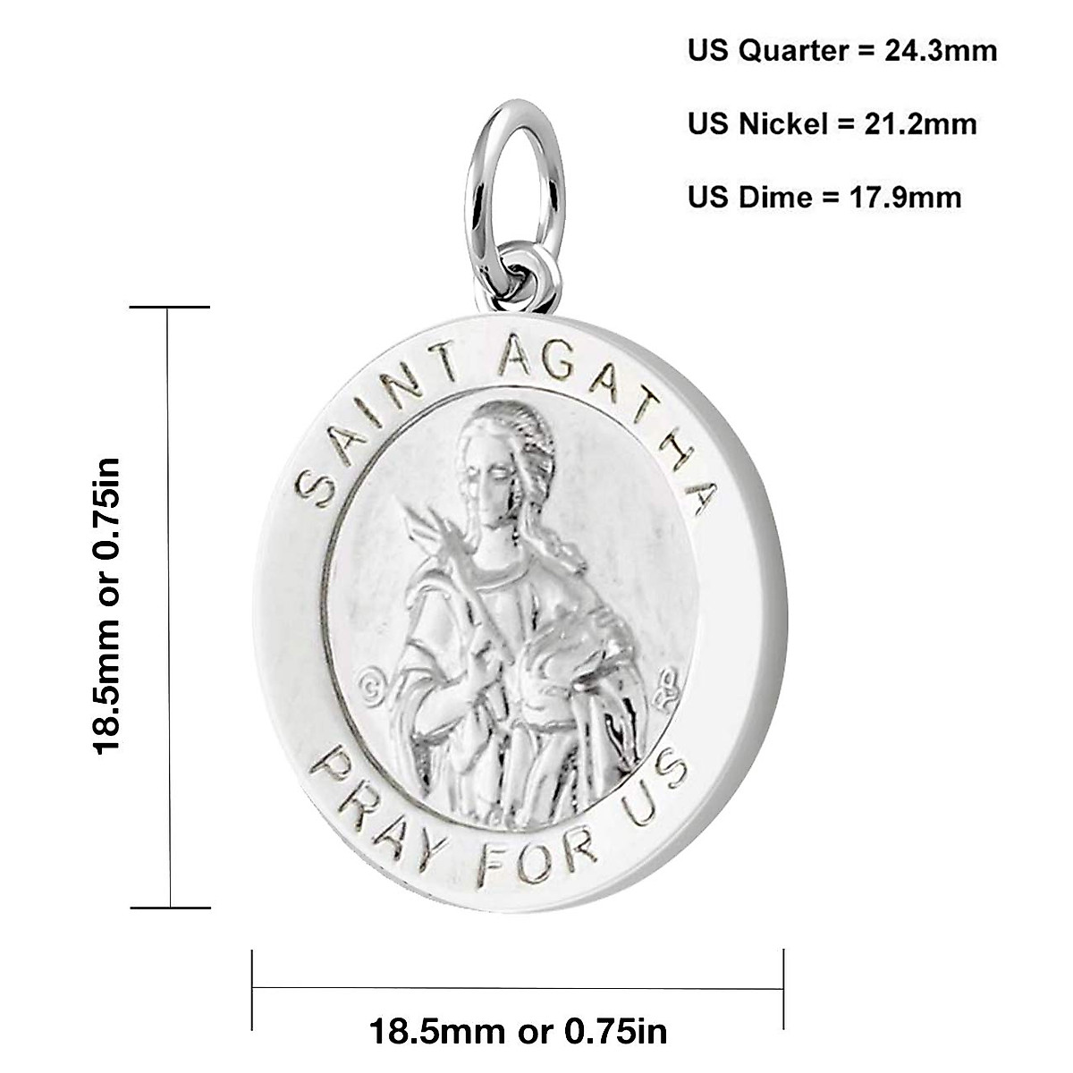 US Jewels Ladies 925 Sterling Silver 18.5mm Saint Agatha Medal Pendant 1.5mm Rope Chain Necklace, 18in