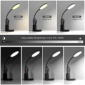 Vicsoon Desk Lamp, LED Desk Lamp for Home Office, Touch Table Lamp with 3 Color Modes 360° Adjustable Arm, Dimmable Desk Light with Pen Phone Holder, Black