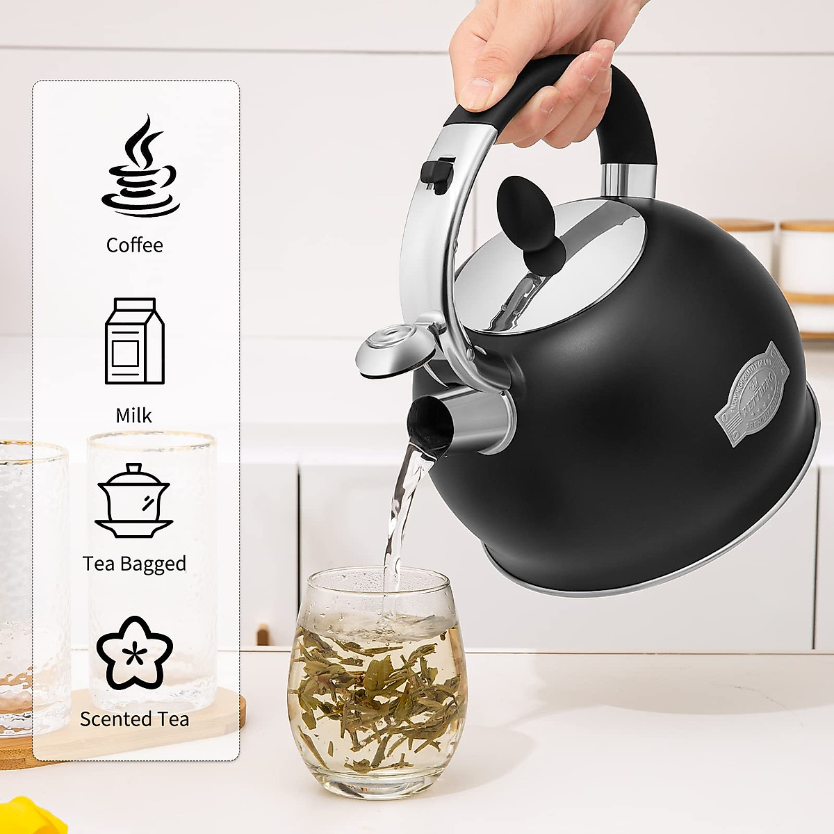 RETTBERG Tea Kettle for Stovetop Whistling Tea Kettles Retro Black Stainless Steel Teapots, 2.64 Quart (Black 1)