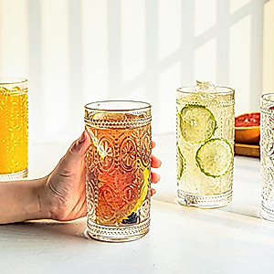 SoulTimes Vintage Glassware Embossed Glass Cups Set of 4, 12 oz Romantic Water Glasses, Highball Beverage Glasses Cup, Cocktail Glasses Drinking Glasses, for Juice, Beverages, Cocktail, Water