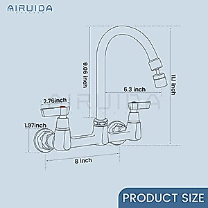 Airuida Chrome Polish Wall Mount Kitchen Sink Faucet, Wall Mounted Faucet 8 Inches Center, Wall Mount Commercial KinkFaucet, 2 Handle Restaurant Tap Swivel Spout Wall Mounted Utility Sink Faucets