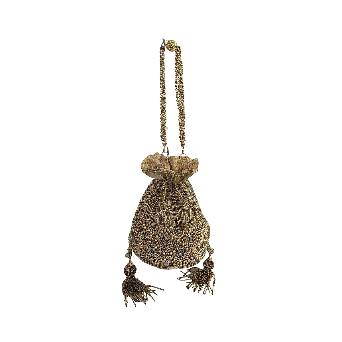 Women Handmade Beadwork Motif, Indian Potli Bag, Drawstring Bucket Bag, Bridal Evening Purse In Gold (Gold #1)