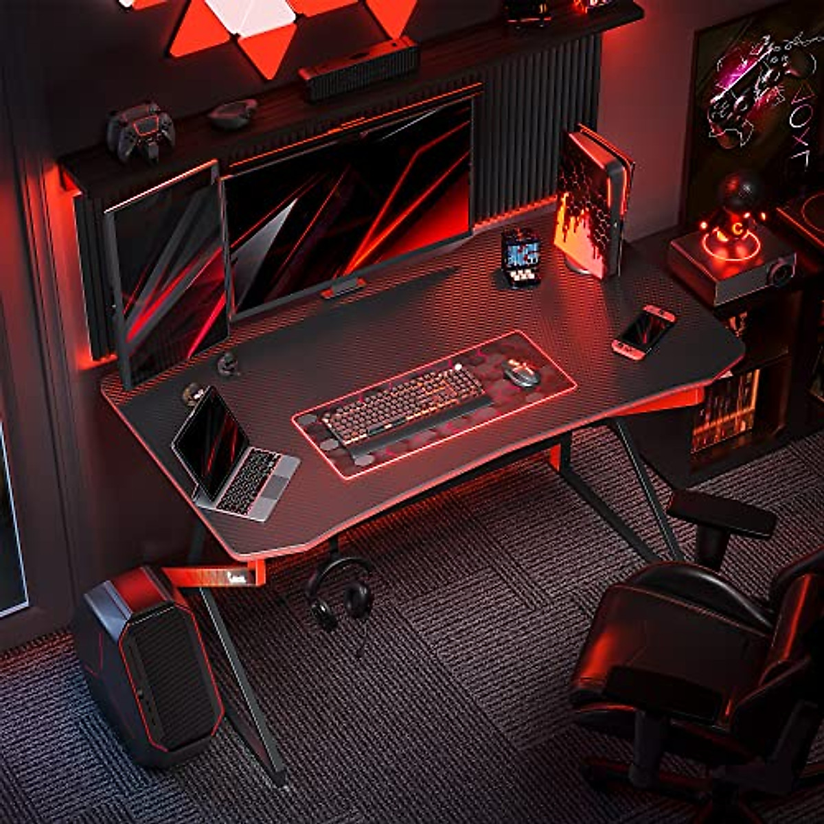 CubiCubi Simple Gaming Desk Z Shaped 40 inch Gamer Workstation, Home Computer Carbon Fiber Surface Gaming Desk PC Table with Headphone Hook