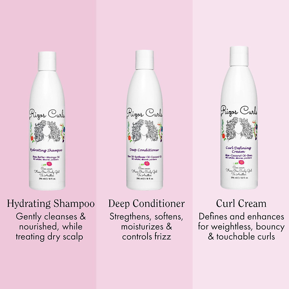 Rizos Curls Trio Bundle, Hydrating Shampoo & Deep Conditioner & Curl Cream Bundle, Gently Cleanse and Hydrate Curly Hair, Style & Define Curls for Frizz Free Volume, For All Curl Patterns 2a - 4c