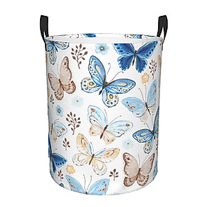 Blue Brown White Butterfly Freestanding Laundry Hamper Personalized Dirty Clothes Hamper Storage Basket For Bedroom,Bathroom,College Dorm Boys And Girls Cat Dog Pet Toy Storage