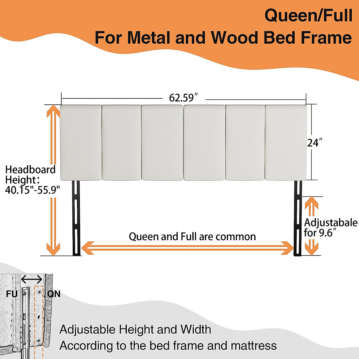 Yongchuang Upholstered Headboard Queen White Faux Leather Headboard for Queen/Full Size Bed Adjustable Height Foldable Heaboard