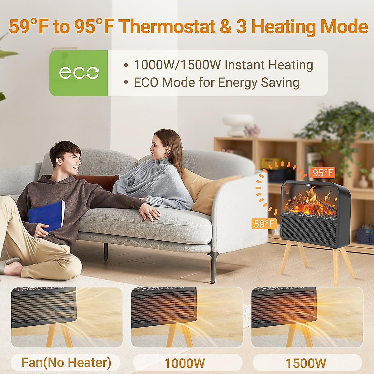 Electric Fireplace Heater, Freestanding Electric Fireplace with Realistic Flame & Solid Wood Stand, Portable Space Heater Fireplace for Indoor Use with 1-12H Timer, 59℉ to 95℉ Thermostat, 1500W