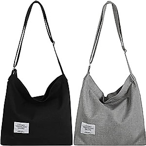 2/4 Pieces Canvas Tote Bag For Women Retro Large Size Canvas Hobo Bag Canvas Shoulder Bag Crossbody Handbag Casual Tote (Black, Light grey)