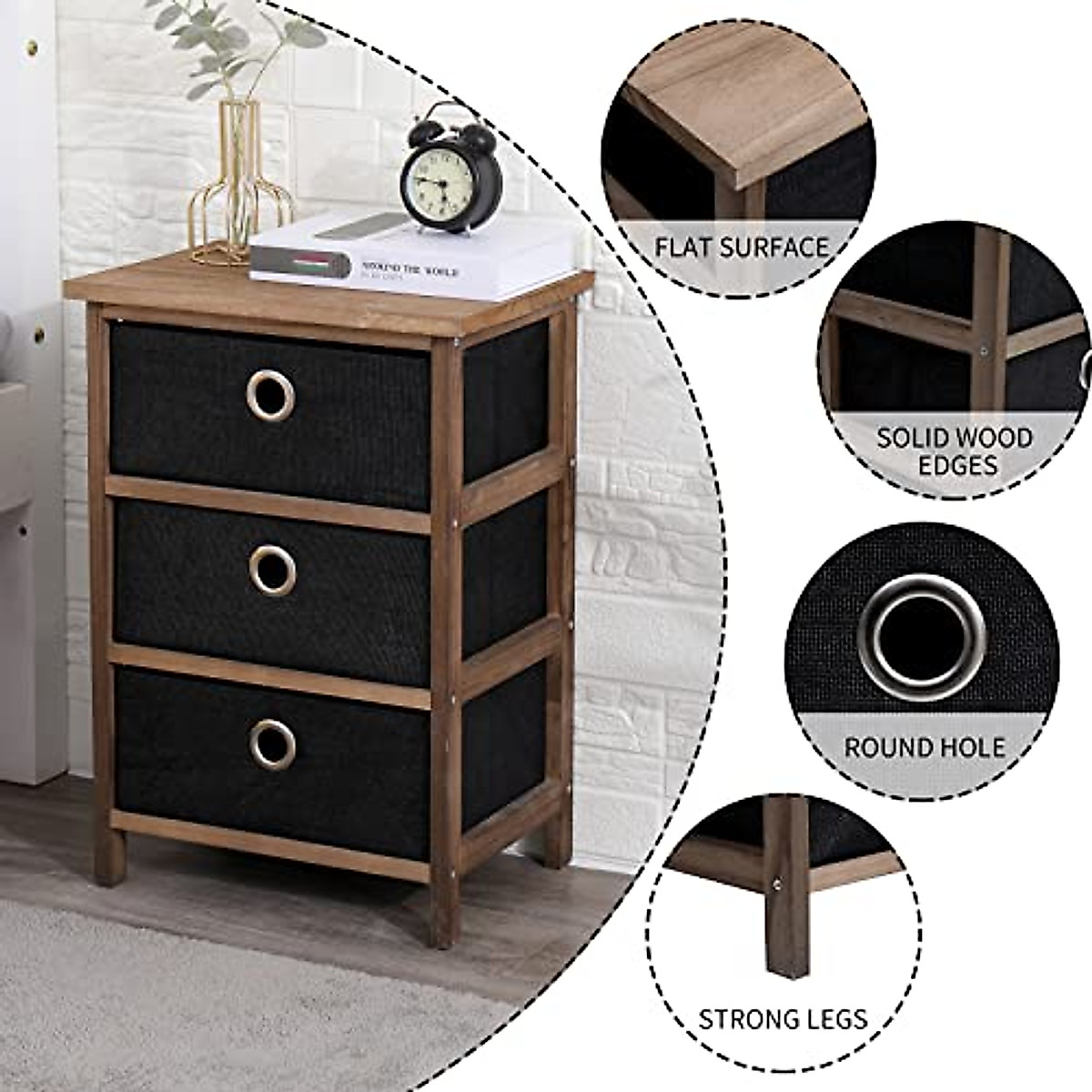 NO MORE TAG Nightstand with 3 Fabric Drawers, Fabric Dresser, Fabric Night Stand, Bedside Table for Small Place, Bedroom, Wood Top&Easy Pull Fabric Bins, Brown & Black