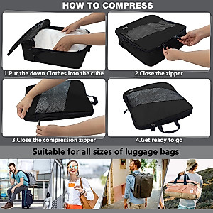 Compression Packing Cubes for Suitcases, 6 Set Large Travel Luggage Organizer Bags with Drawstring Laundry Bag, Toiletry Bag & Shoe Bag for Travel Essentials (black)