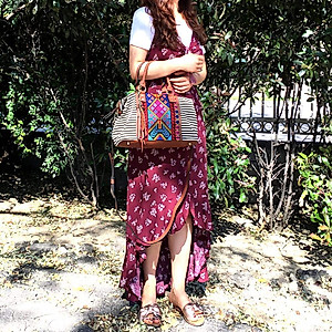 Boho Tassel Leaf Charm Aztec & Stripe Embroidered Canvas Satchel Tote Handbag Purse (Embroidered Satchel - Black/Black)