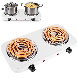Hot Plate, 2000W Portable Electric Double Coil Burner with Dual Control & 5 Level Temperature Control, Easy to Clean, Lightweight Stainless Steel Countertop Stove for Kitchen Dorm Camping,110V