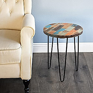WELLAND Side Table Reclaimed Wood, Round Hairpin Leg End Table, Night Stand, Recycled Boat Wood, 20" Tall