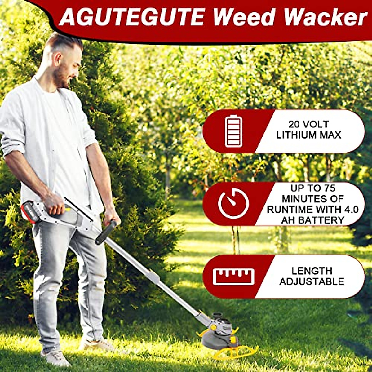 Weed Wacker Cordless - Battery Powered Weed Whacker Eater Rechargeable 3 in 1 - One 4.0 Ah Battery, AGUTEGUTE Weed Whacker Cordless 20V Electric Grass Edger Trimmer with Blade and Charger (One 4.0 Ah)