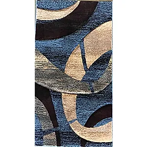 Modern Door Mat Area Rug Contemporary Geometric Blue Burgundy Black & Beige Sculpture Design 248 (2 Feet X 3 Feet 4 Inch)
