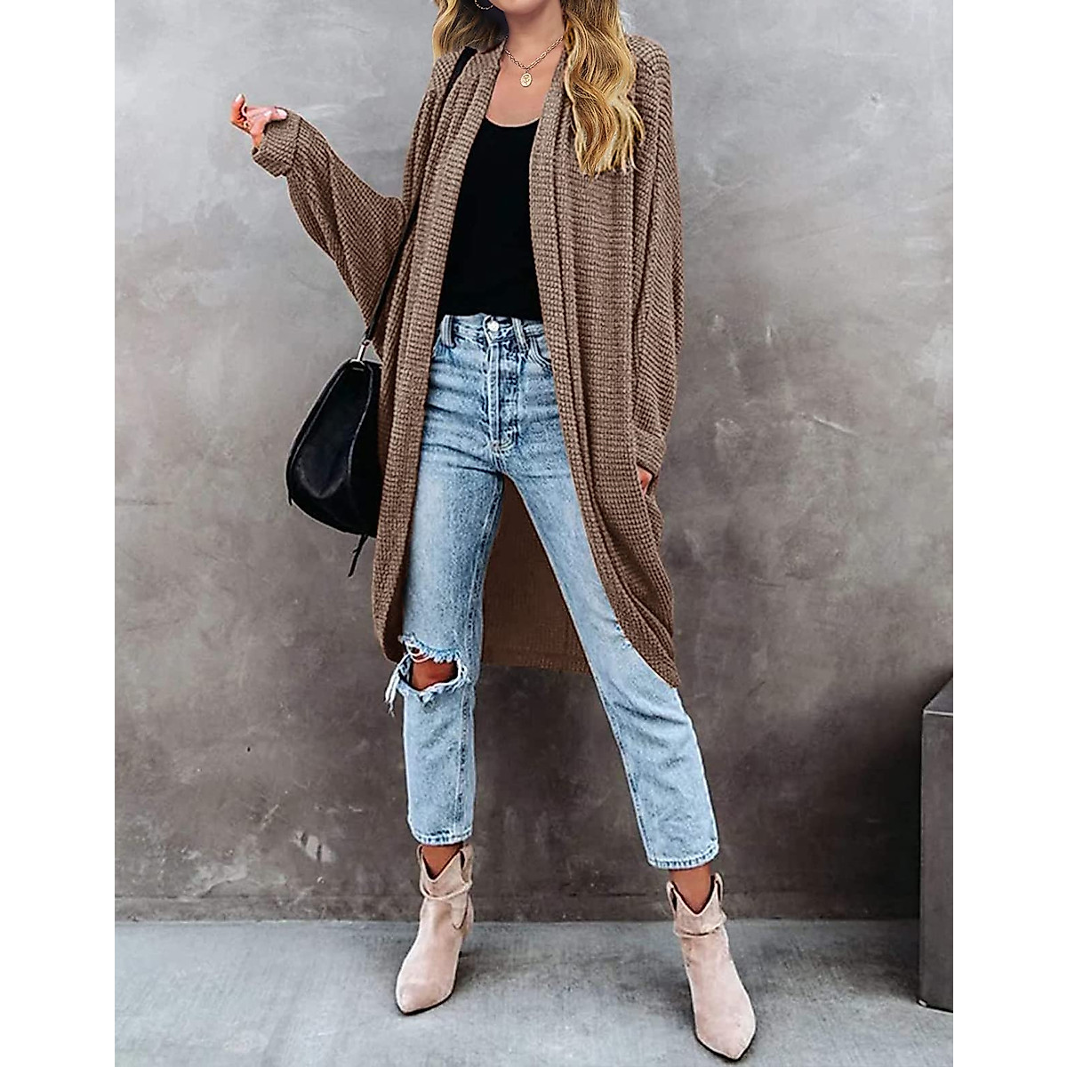 MEROKEETY Women's 2024 Fall Waffle Knit Batwing Long Sleeve Cardigan Loose Open Front Sweater Coat, Brown, XX-Large