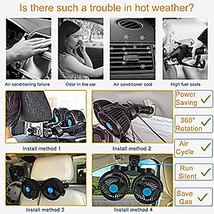 SEAMETAL Car Fan for Back Seat, Car Seat Fan Cigarette Lighter, Fan for Car 12V Headrest Black 4inches (Clip+Hook)