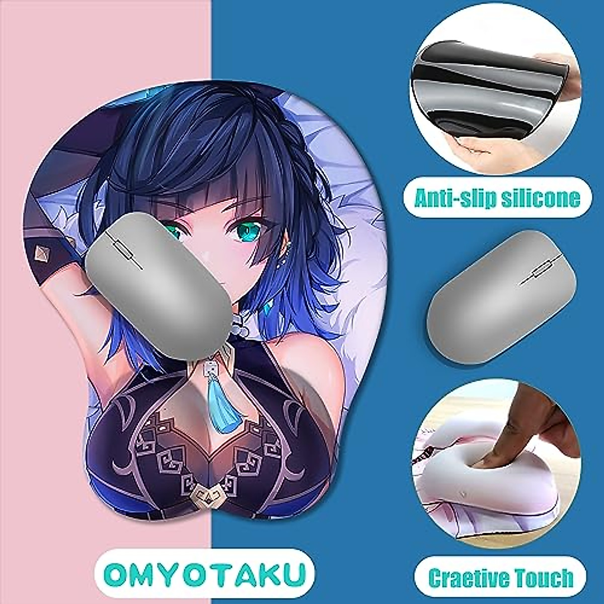 Yelan 3D Anime Mousepads, Genshin Impact Silicone Gel Wrist Ergonomics Gaming Mice Mat, Comic Wrist Rest Support Oppai Mouse Pad (YeLan a)