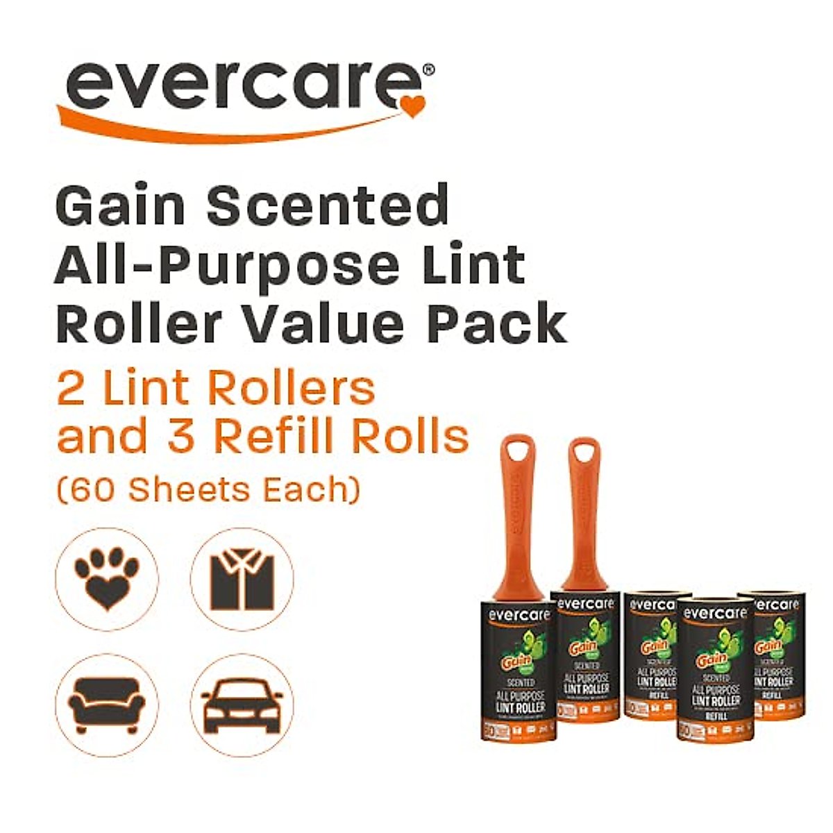 Evercare Gain Scented All-Purpose Lint Roller Value Pack with 2 Lint Rollers and 3 Refill Rolls, 60 Sheets Each Multicolor