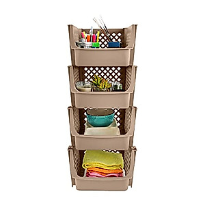 Spec101 Plastic Stackable Storage Bins - 4pc Tan Closet Organizer Bins 28in Tall Big Plastic Boxes for Home and Kitchen