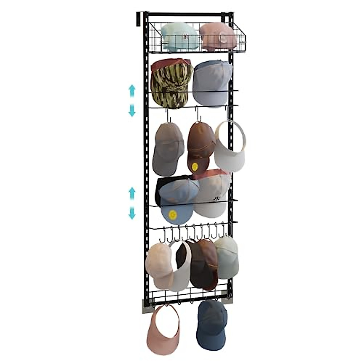 Yociyoga Metal Hat Racks for Baseball Caps, Over the Door Hat Organizer Hat Holder with Door Hooks & 17 Hat Hooks, Adjustable Tier Height Hat Hanger Hat Storage with Storage Basket, Black