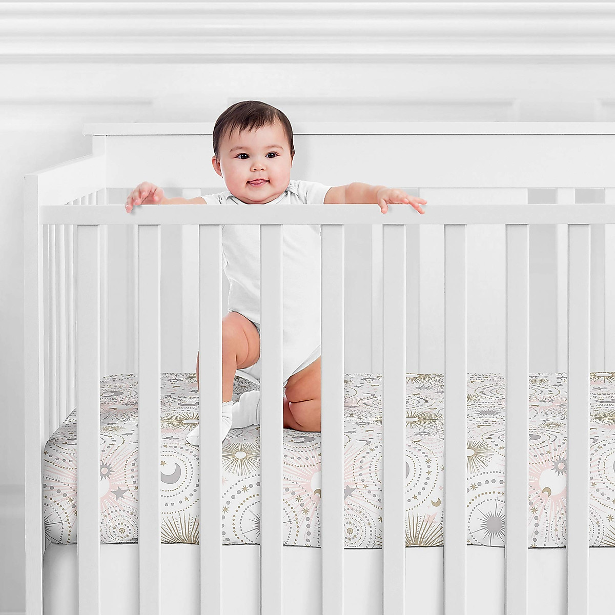 Sweet Jojo Designs Star and Moon Girl Jersey Stretch Knit Baby Fitted Crib Sheet for Soft Toddler Bed Nursery - Blush Pink, Gold, and Grey Celestial