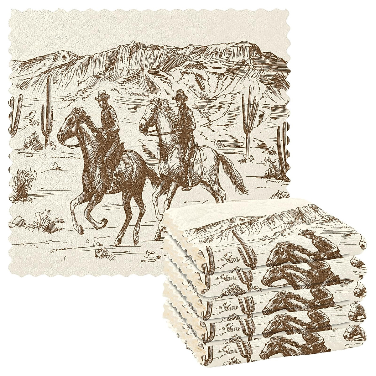 Hand Drawn Brown Retro American Wild West Desert Horse with Cowboy 6 Set Kitchen Dish Towels, Washcloths Cleaning Cloths Dish Cloths, Absorbent Towels Lint Free Bar Tea Soft Waffle Towel 11"x11"