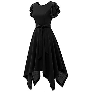 MUADRESS Women's Flutter Sleeve Cocktail Party Dresses Fit Flare Swing Bridesmaid Dress Homecoming Dress for Teen Black S