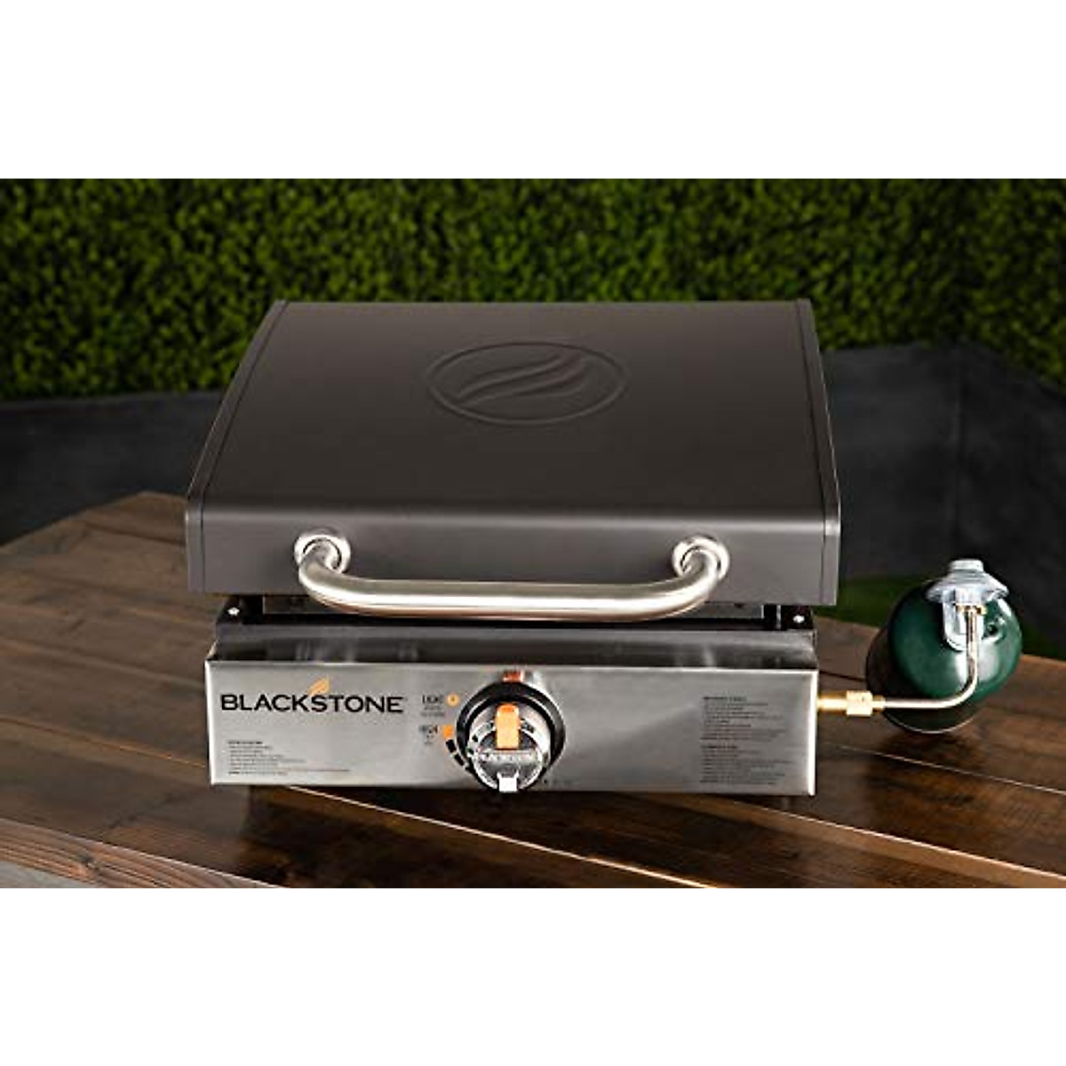 Blackstone 1814 Stainless Steel Propane Gas Portable & 12,000 BTUs, 17 Inch, Black & Universal Griddle Stand with Adjustable Leg and Side Shelf - Made to fit 17-or 22-Propane Table Top Griddle (Black)