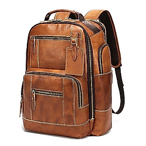 LANNSYNE Vintage Genuine Leather Backpack for Men, 15.6" Laptop Backpack Camping Travel 24L Rucksack