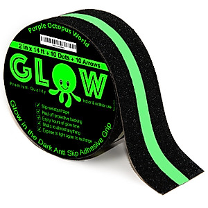 Anti-Slip Glow in The Dark Grip Tape - Non-Slip Adhesive Grip for Slippery Suerfaces, Stairs, Rails, Steps, Gaffers, Tread, Traction - Bonus 10 Dots and 10 Stars - 2 Inches Wide by 14 Feet Long - Ind