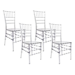 FOH FOHFurniture Set of 4 Acrylic Chiavari Chairs, Modern Clear Ghost Dining Chair, Crystal Transparent Seat, Plastic Shell Accent Side Chairs for Wedding Party Event Reception