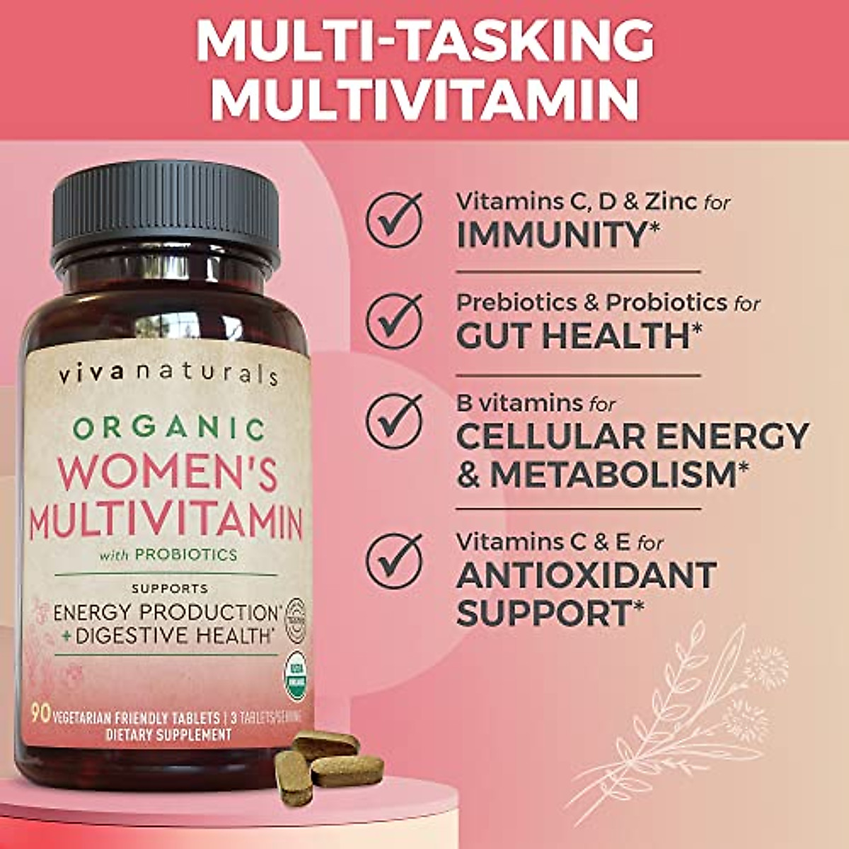 Organic Multivitamins for Women with Probiotics (90 Tablets) – Women Multivitamins for Daily Energy, Digestive Health and Immune Support Supplement with Vitamin B12, C, D and E, Iron, Folate.